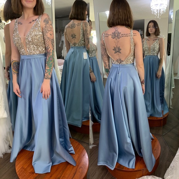 Dresses | Periwinkle Blue Low V Beaded Prom Gown Satin Mob | Poshmark